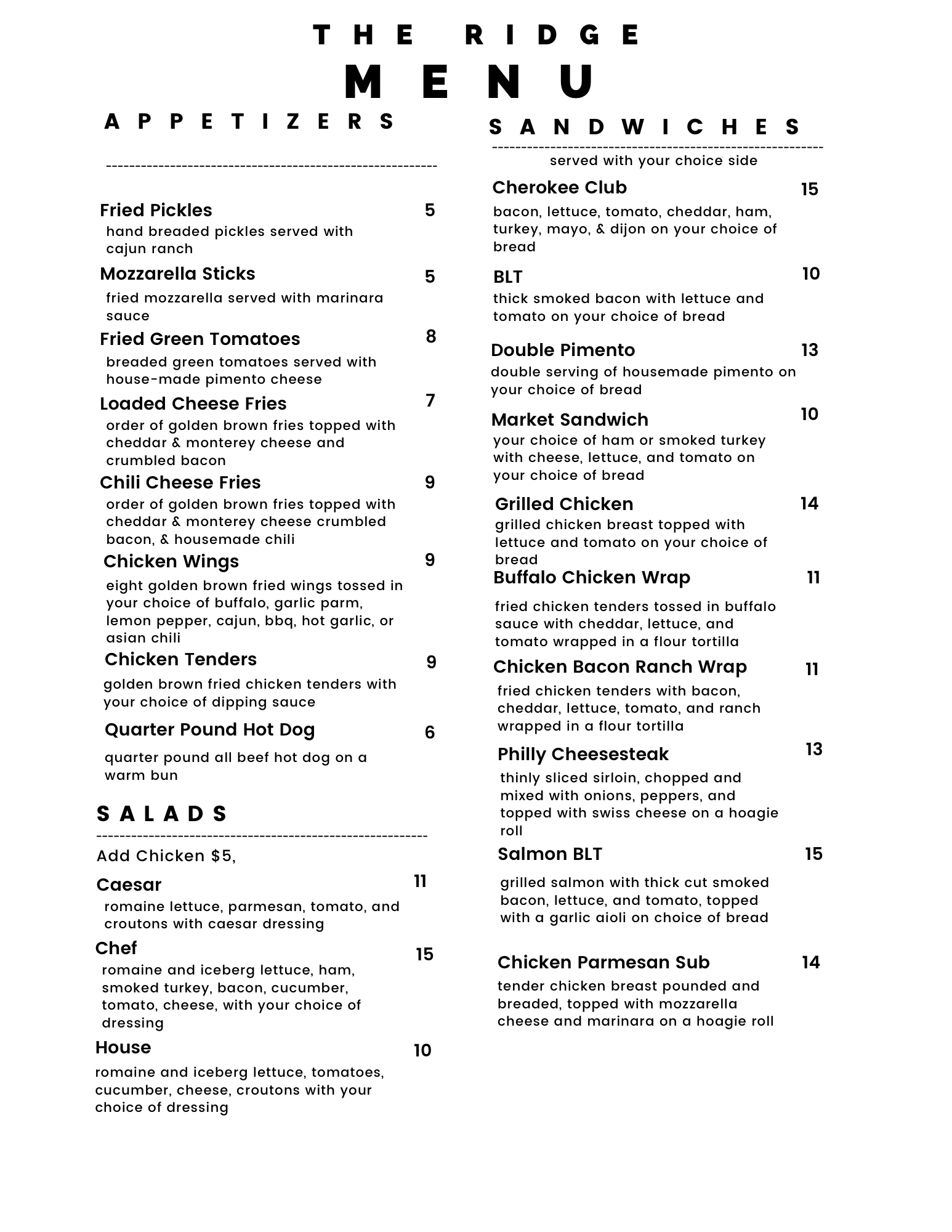 Menu - Cherokee Ridge Country Club