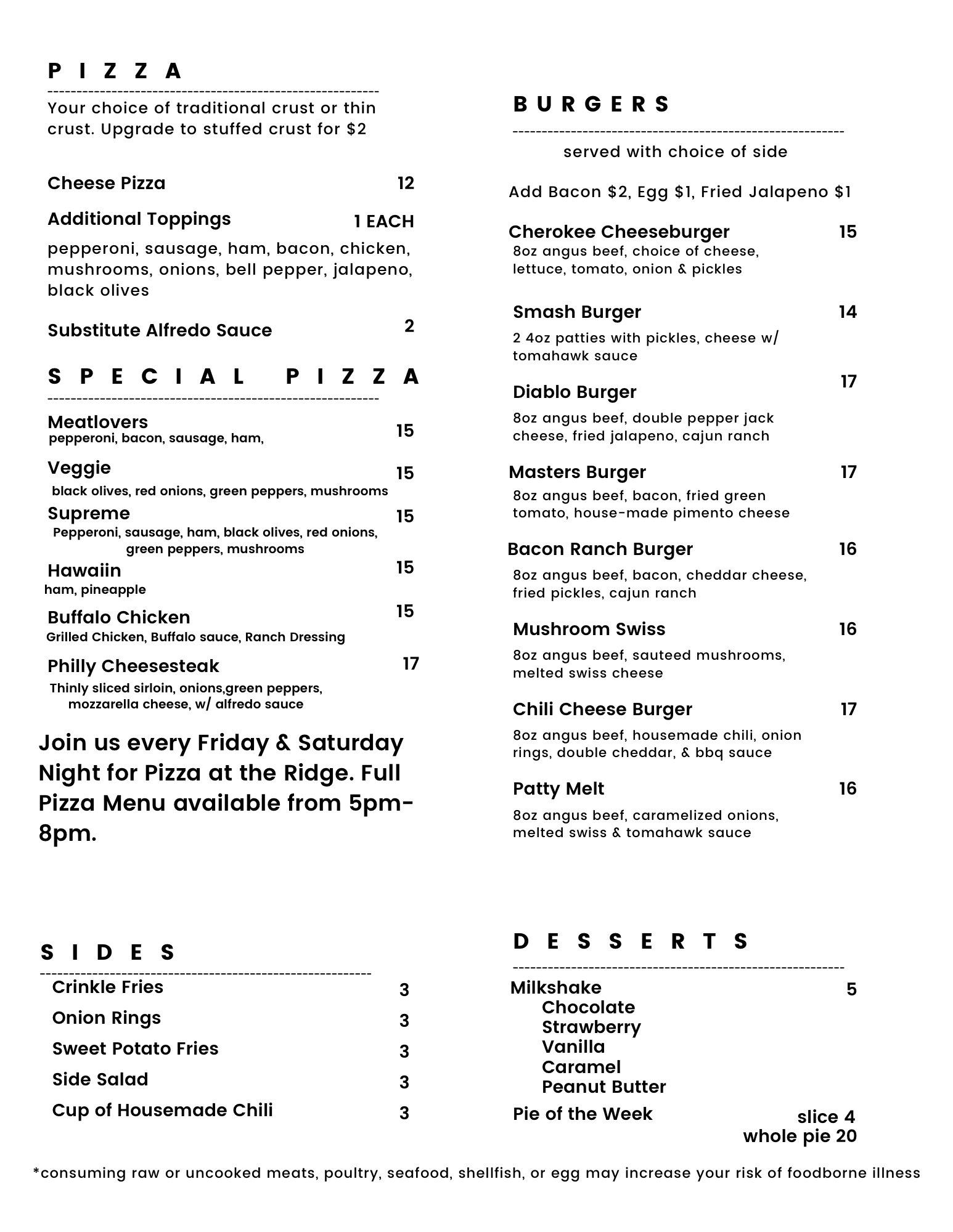 Menu - Cherokee Ridge Country Club